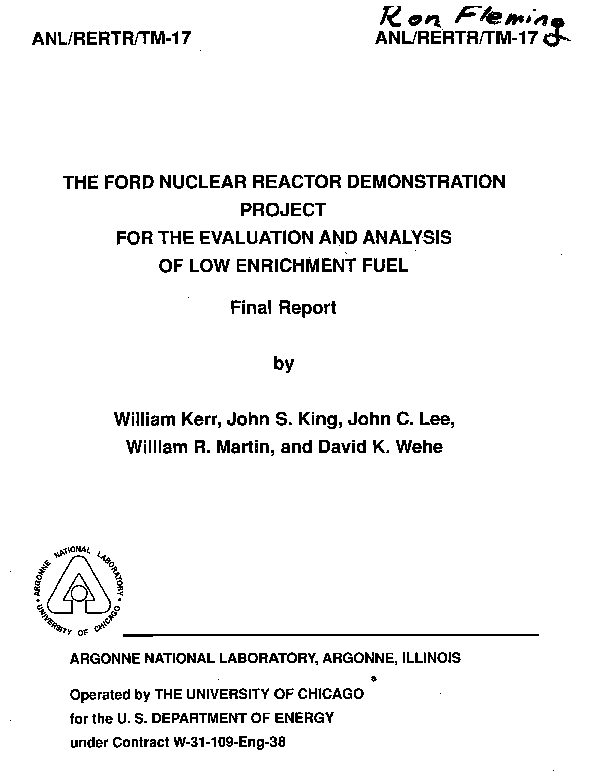 (PDF) The Ford Nuclear Reactor Demonstration Project for the Evaluation ...