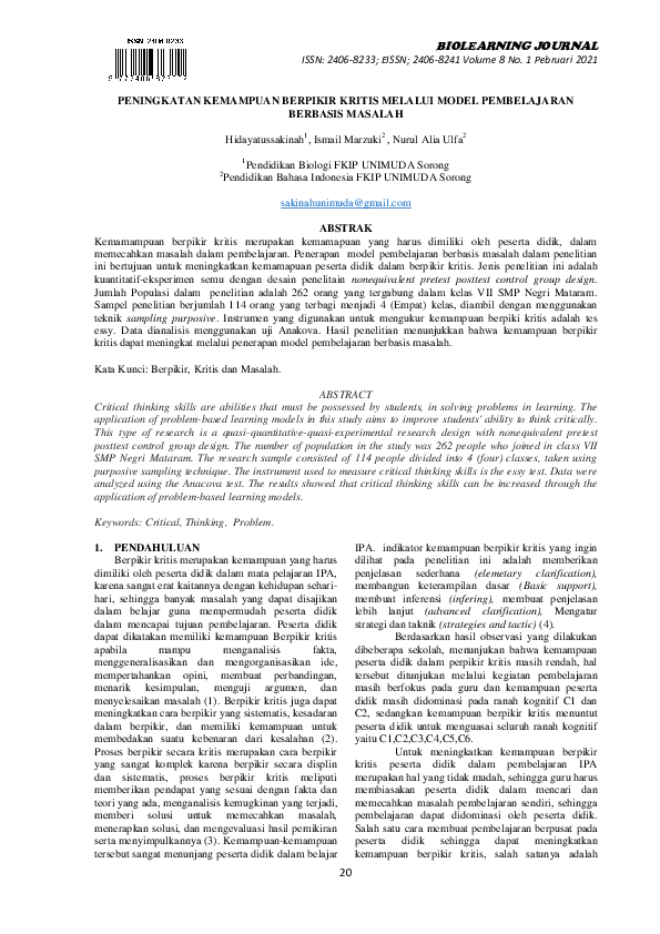 (PDF) Peningkatan Kemampuan Berpikir Kritis Melalui Model Pembelajaran Berbasis Masalah