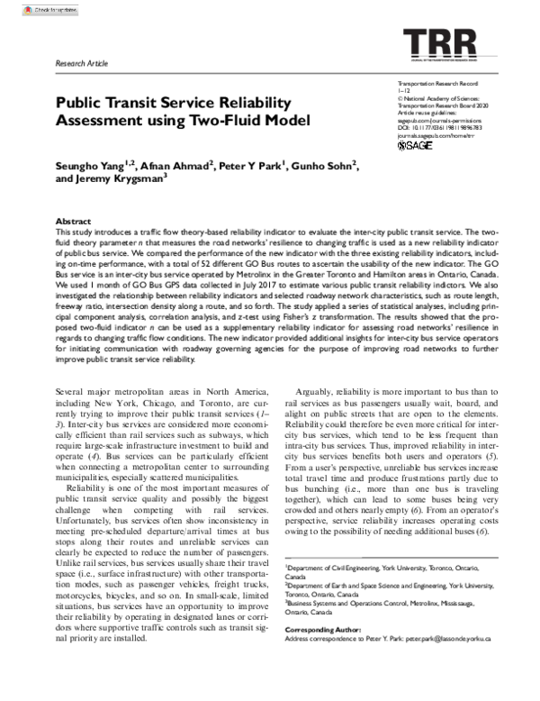 (PDF) Public Transit Service Reliability Assessment using Two-Fluid Model