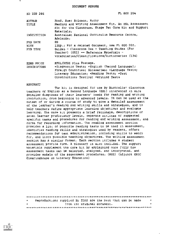 (PDF) Reading and Writing Assessment Kit. An ESL Assessment Kit for the ...