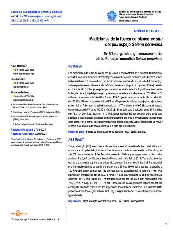 (PDF) Mediciones de la Fuerza de Blanco Ex Situ del pez espejo Selene ...
