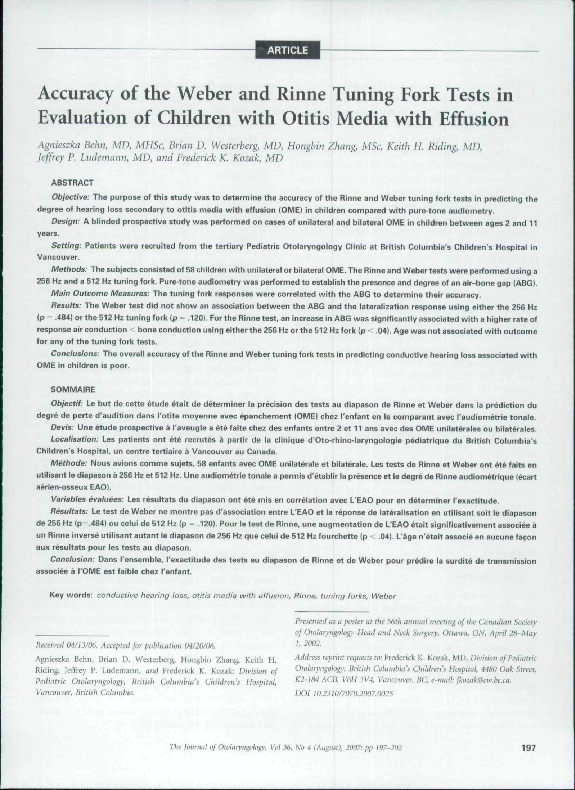 (PDF) Accuracy of the Weber and Rinne Tuning Fork Tests in Evaluation ...