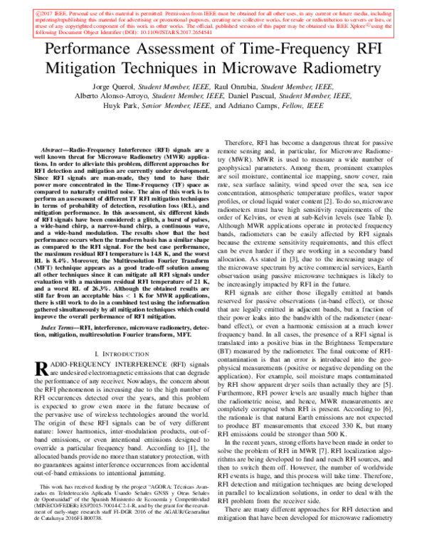 (PDF) Performance Assessment of Time–Frequency RFI Mitigation Techniques in Microwave Radiometry