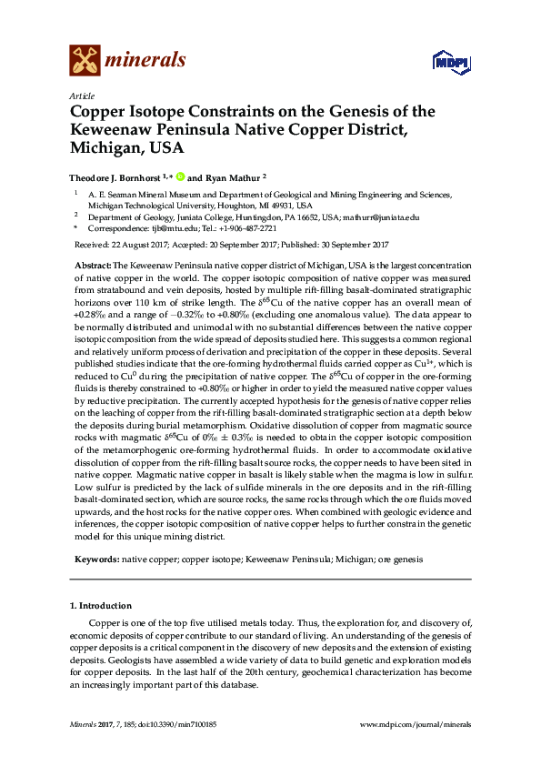 (PDF) Copper Isotope Constraints on the Genesis of the Keweenaw ...