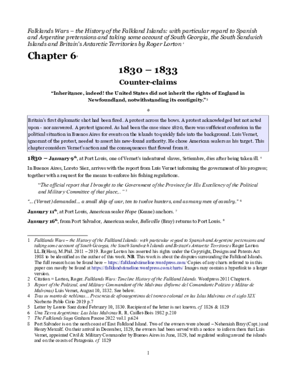 (PDF) Falklands Wars – The History of the Falkland Islands: Chapter 6 – 1830 to 1833 Counter Claims