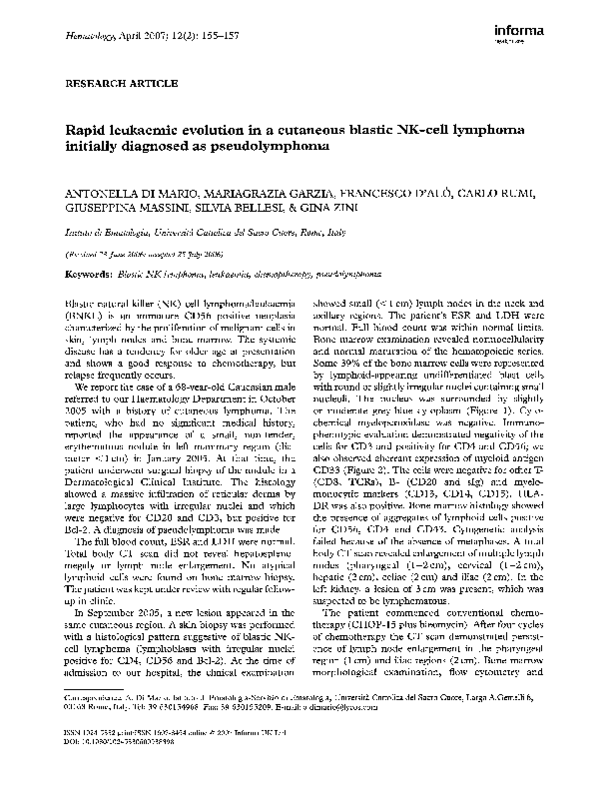 (PDF) Rapid leukaemic evolution in a cutaneous blastic NK-celllymphoma ...