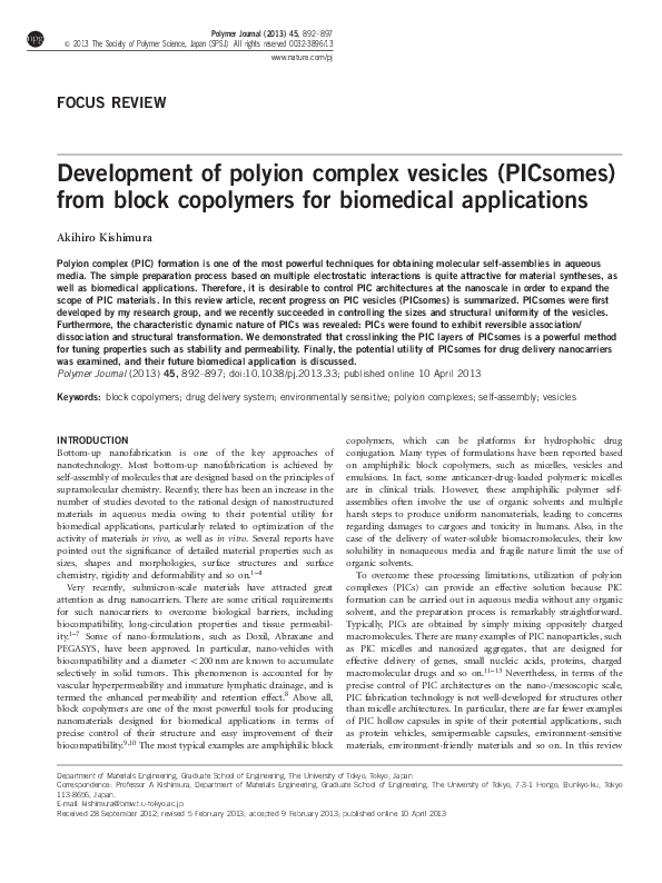 (PDF) Development of polyion complex vesicles (PICsomes) from block copolymers for biomedical ...