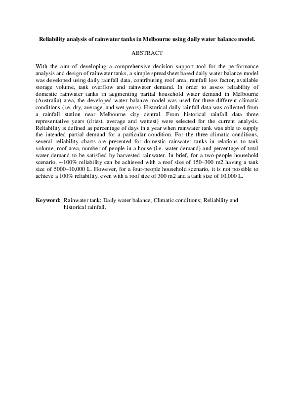 (PDF) Reliability analysis of rainwater tanks in Melbourne using daily ...