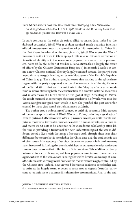 (PDF) China's Good War: How World War II Is Shaping a New Nationalism ...
