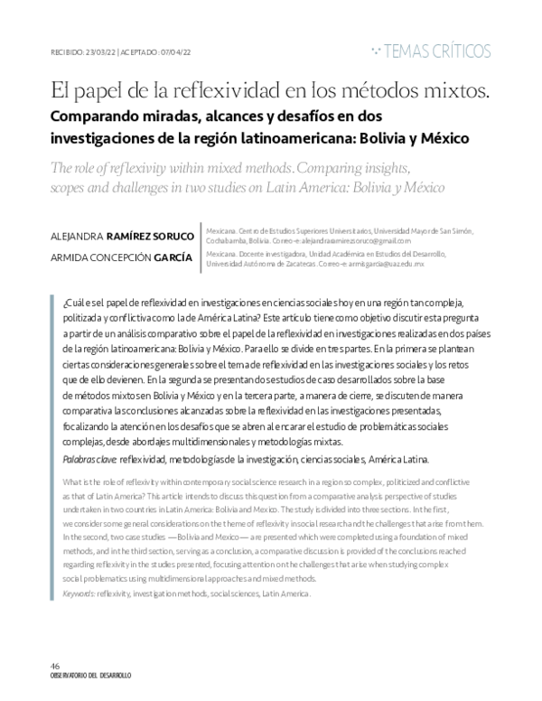 (PDF) El papel de la reflexividad en los métodos mixtos. Comparando ...