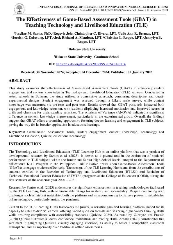 (PDF) The Effectiveness of Game-Based Assessment Tools (GBAT) in Teaching Technology and ...