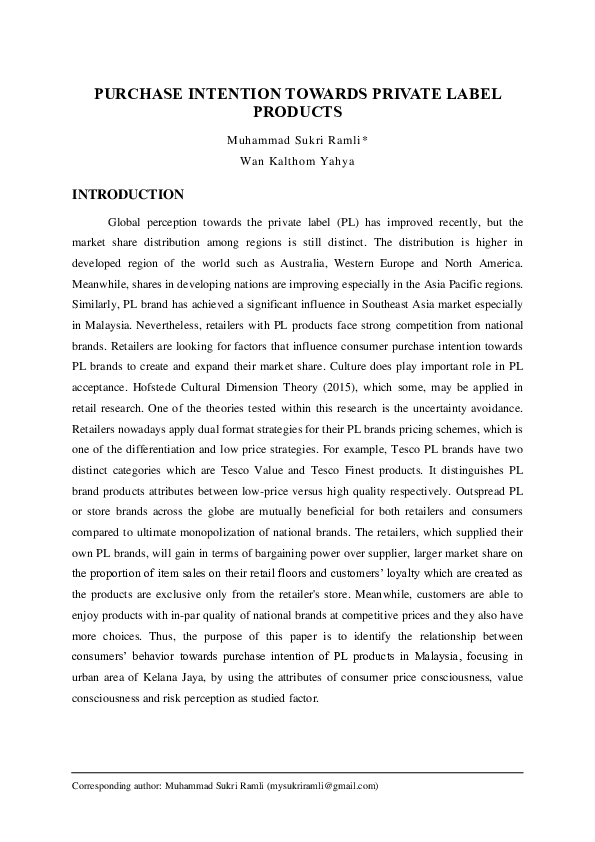 (PDF) PURCHASE INTENTION TOWARDS PRIVATE LABEL PRODUCTS