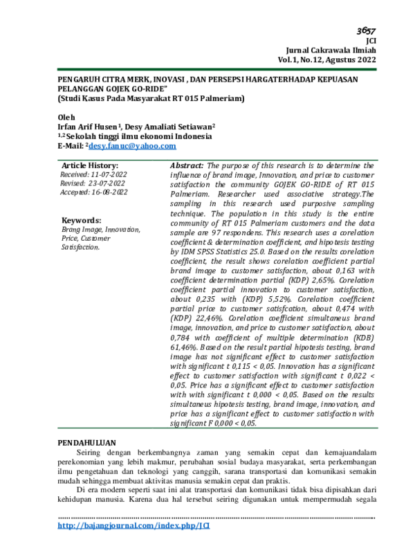 (PDF) PENGARUH CITRA MERK, INOVASI , DAN PERSEPSI HARGA TERHADAP KEPUASAN PELANGGAN GOJEK GO ...
