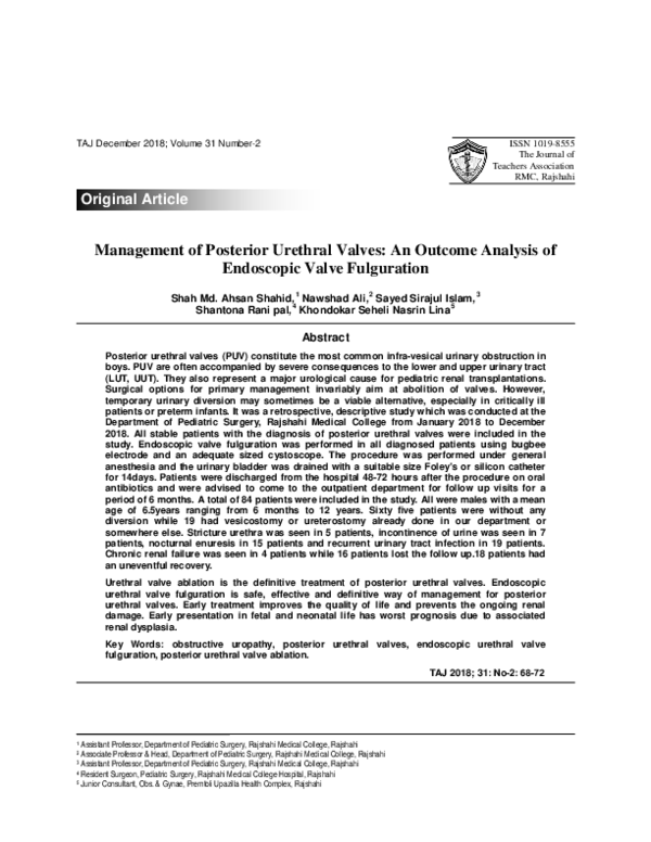(PDF) Management of Posterior Urethral Valves: An Outcome Analysis of ...
