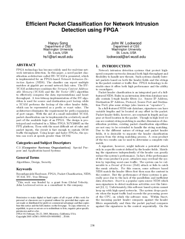 (PDF) Efficient packet classification for network intrusion detection using FPGA