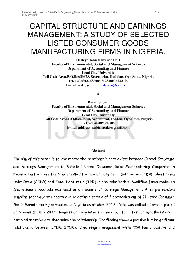 (PDF) Capital Structure and Earnings Management: A Study of Selected Listed Consumer Goods ...