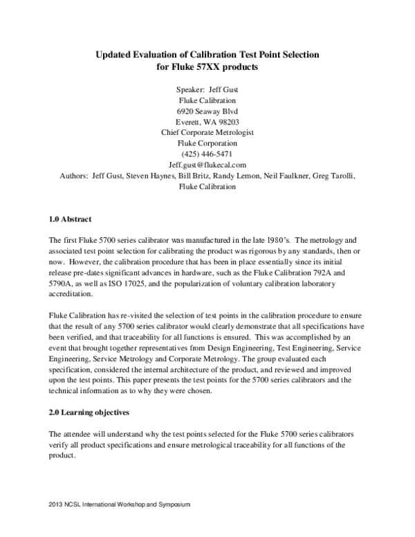 (PDF) Updated Evaluation of Calibration Test Point Selection for Fluke ...