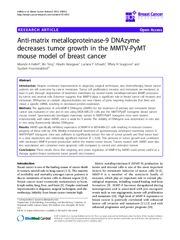 (PDF) Anti-matrix metalloproteinase-9 DNAzyme decreases tumor growth in ...