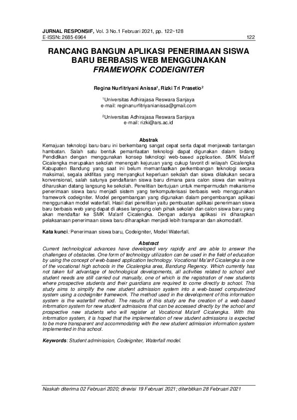(PDF) Rancang Bangun Aplikasi Penerimaan Siswa Baru Berbasis Web Menggunakan Framework Codeigniter