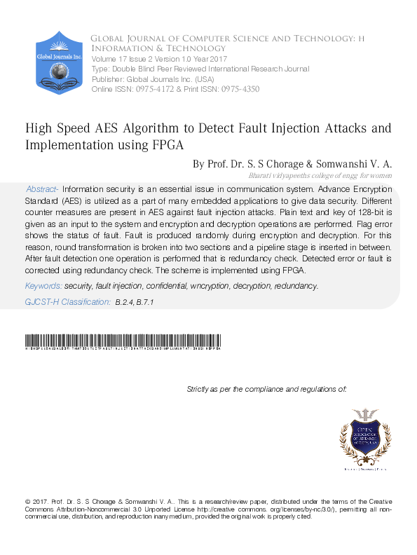 Pdf High Speed Aes Algorithm To Detect Fault Injection Attacks And