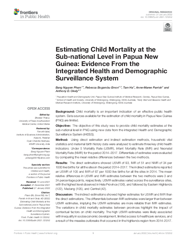 (PDF) Estimating Child Mortality at the Sub-national Level in Papua New ...