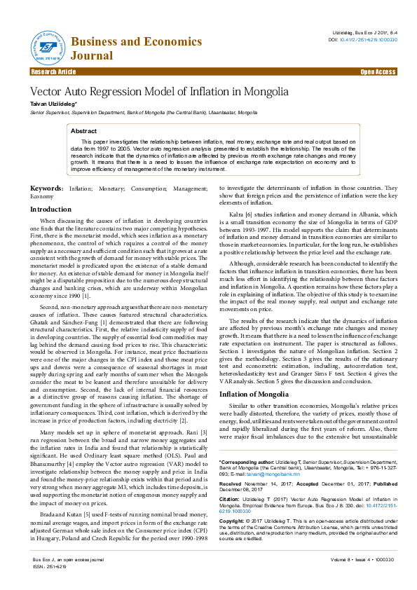 (PDF) Vector Auto Regression Model of Inflation in Mongolia