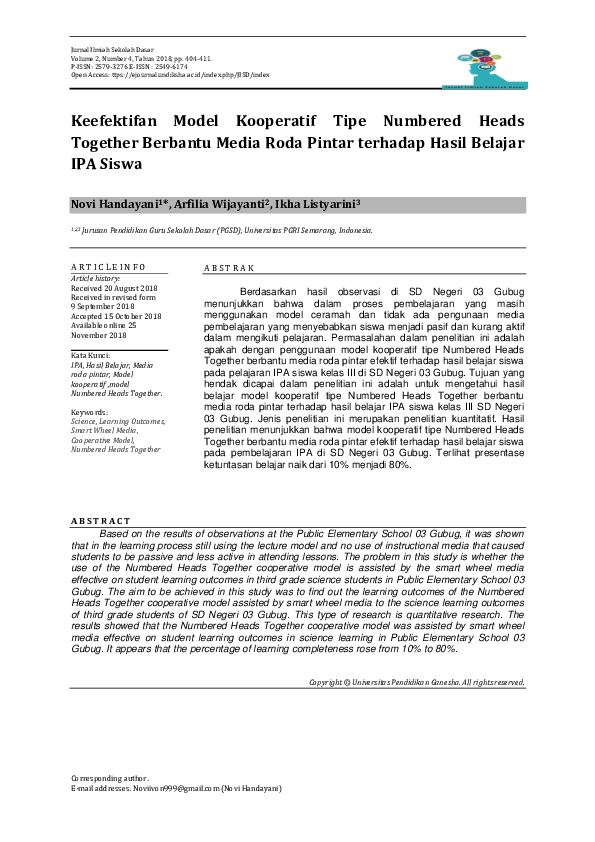(PDF) Keefektifan Model Kooperatif Tipe Numbered Heads Together Berbantu Media Roda Pintar ...