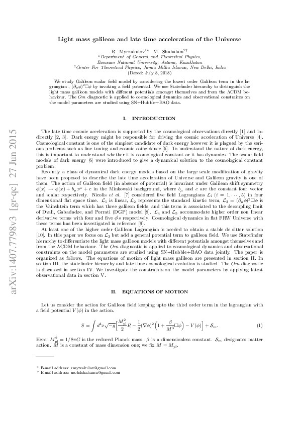 (PDF) Light mass Galileon and late time acceleration of the Universe