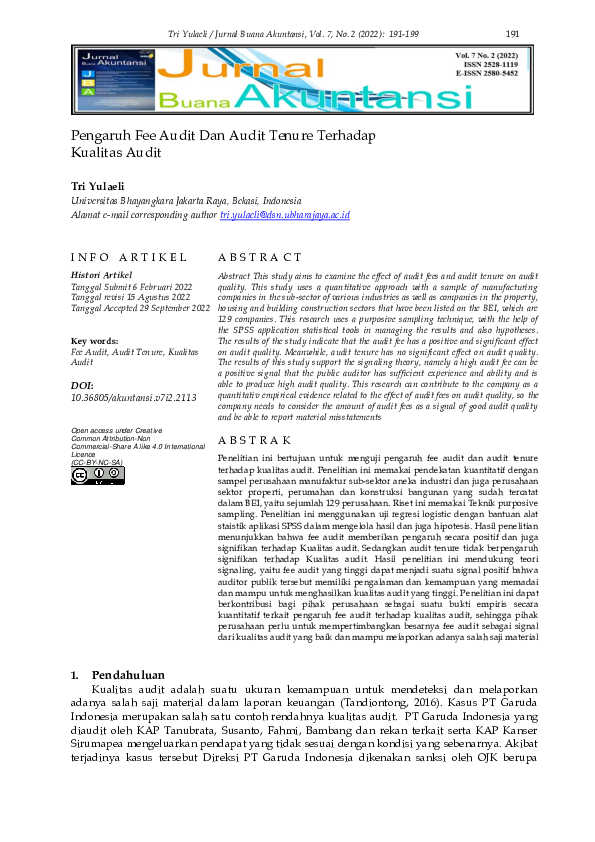 (PDF) Pengaruh Fee Audit dan Audit Tenure terhadap Kualitas Audit