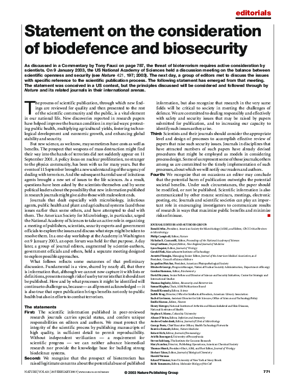 (PDF) Statement on the consideration of biodefence and biosecurity