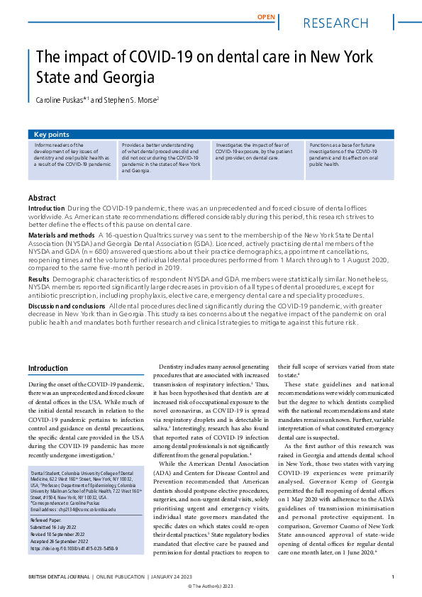 (PDF) The impact of COVID-19 on dental care in New York State and Georgia