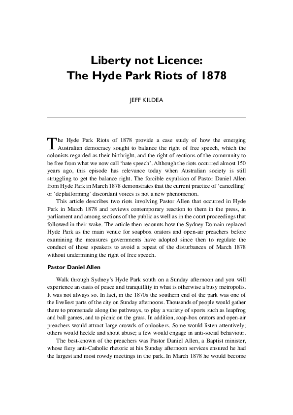(PDF) Liberty not Licence: The Hyde Park Riots of 1878