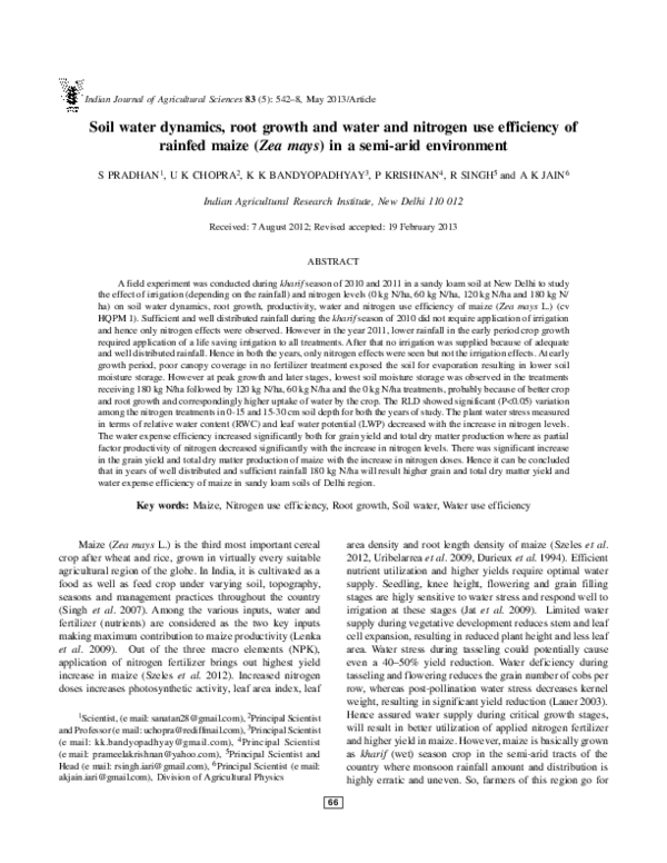 (PDF) Soil water dynamics, root growth and water and nitrogen use efficiency of rainfed maize ...
