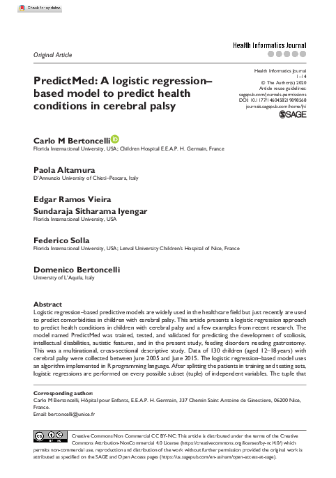 (PDF) PredictMed: A logistic regression–based model to predict health conditions in cerebral palsy