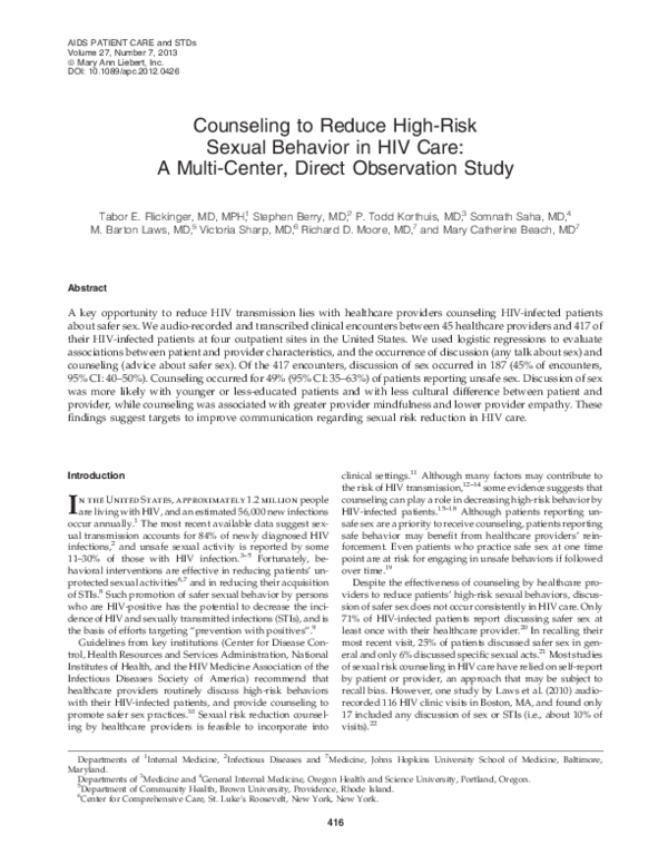 (PDF) Counseling to Reduce High-Risk Sexual Behavior in HIV Care: A ...