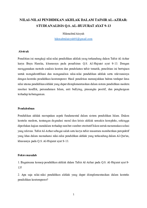 (PDF) NILAI-NILAI PENDIDIKAN AKHLAK DALAM TAFSIR AL-AZHAR
