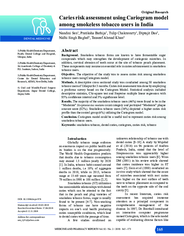(PDF) Caries risk assessment using Cariogram model among smokeless tobacco users in India