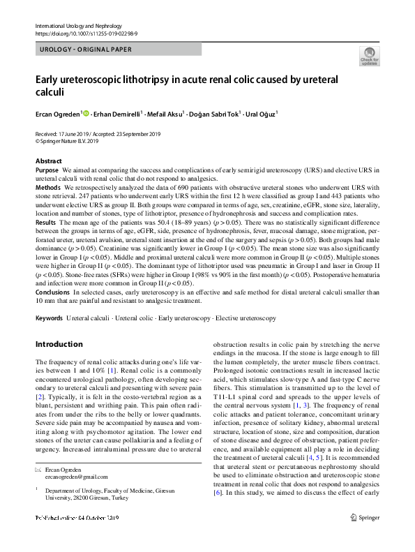 (PDF) Early ureteroscopic lithotripsy in acute renal colic caused by ...