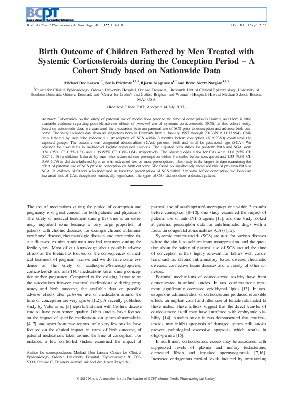(PDF) Birth Outcome of Children Fathered by Men Treated with Systemic Corticosteroids during the ...