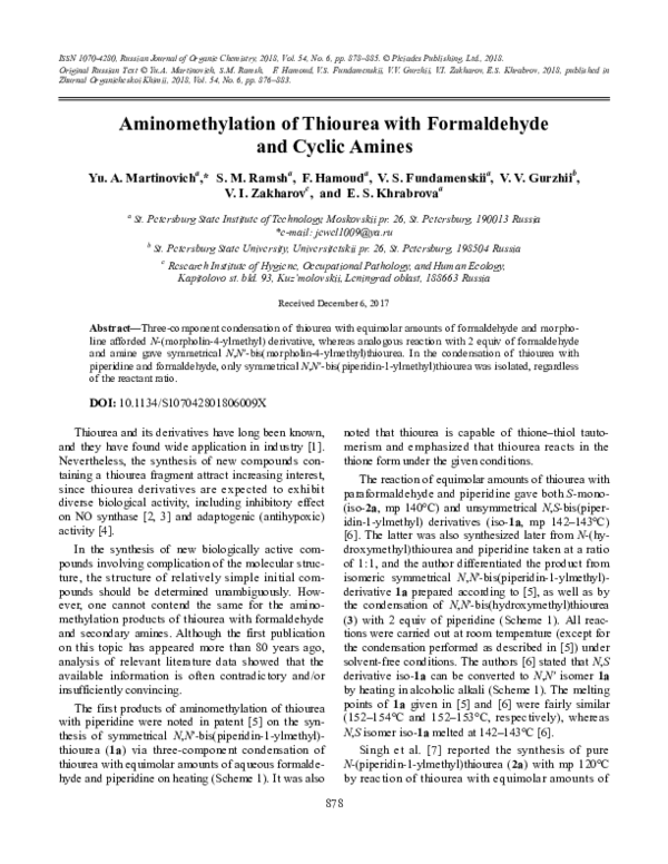 (PDF) Aminomethylation of Thiourea with Formaldehyde and Cyclic Amines