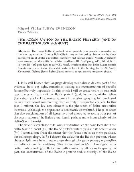 (PDF) The accentuation of the Baltic preterit (and of the Balto-Slavic ...