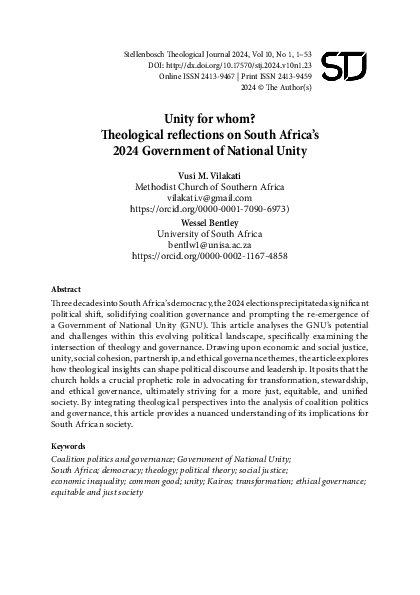 (PDF) Unity for whom? Theological reflections on South Africa's 2024 ...