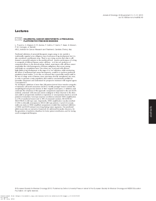 (PDF) L11.02 * Colorectal Cancer Xenopatients: A Preclinical Platform for Precision Medicine