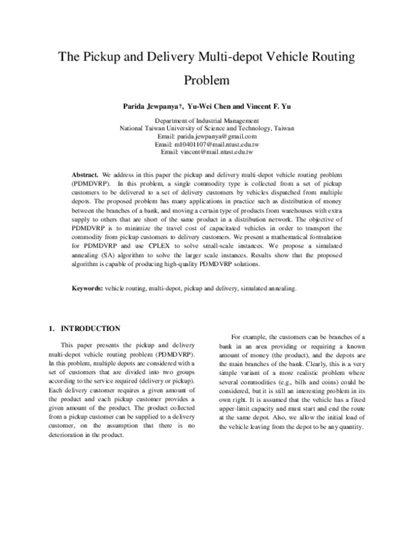 (PDF) The Pickup and Delivery Multi-depot Vehicle Routing Problem