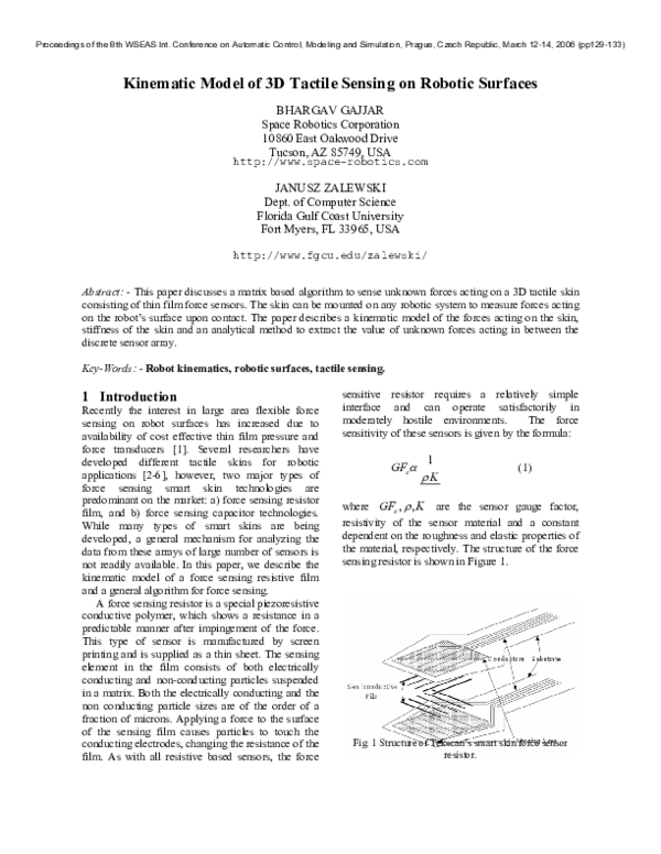 Pdf Kinematic Model Of 3 D Tactile Sensing On Robotic Surfaces