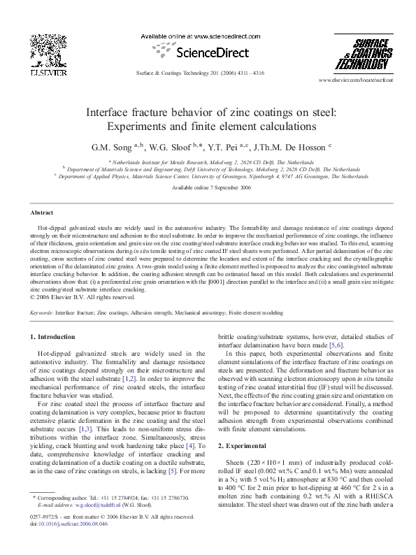 (PDF) Interface fracture behavior of zinc coatings on steel: Experiments and finite element ...