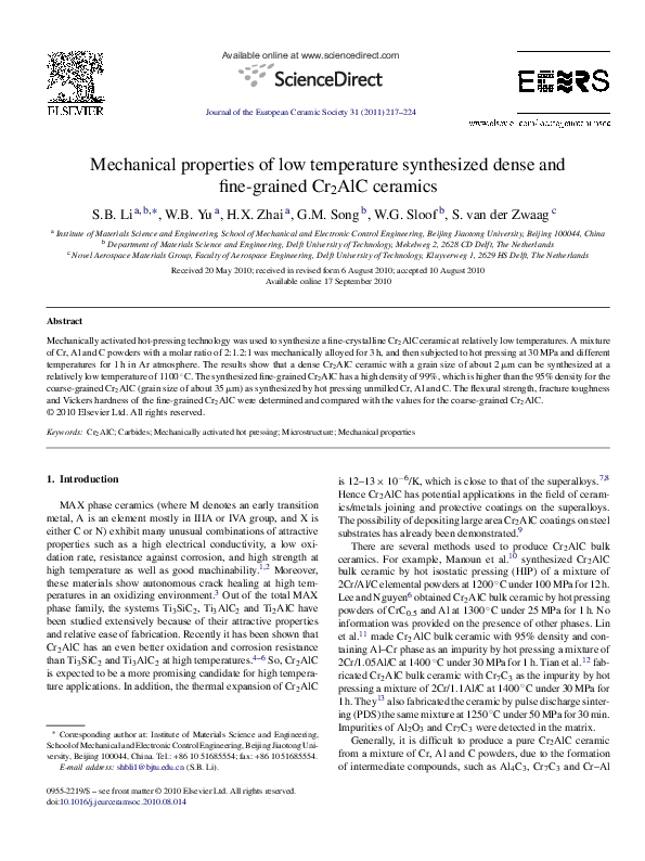(PDF) Mechanical properties of low temperature synthesized dense and fine-grained Cr2AlC ceramics