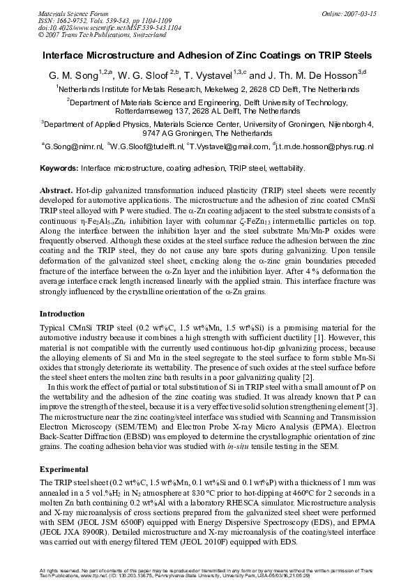 (PDF) Interface Microstructure and Adhesion of Zinc Coatings on TRIP Steels