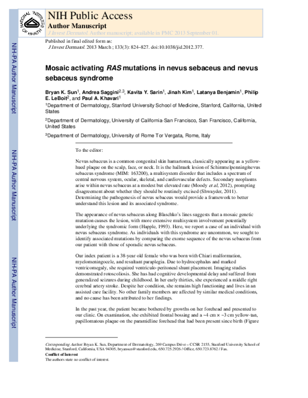 (PDF) Mosaic Activating RAS Mutations in Nevus Sebaceus and Nevus ...