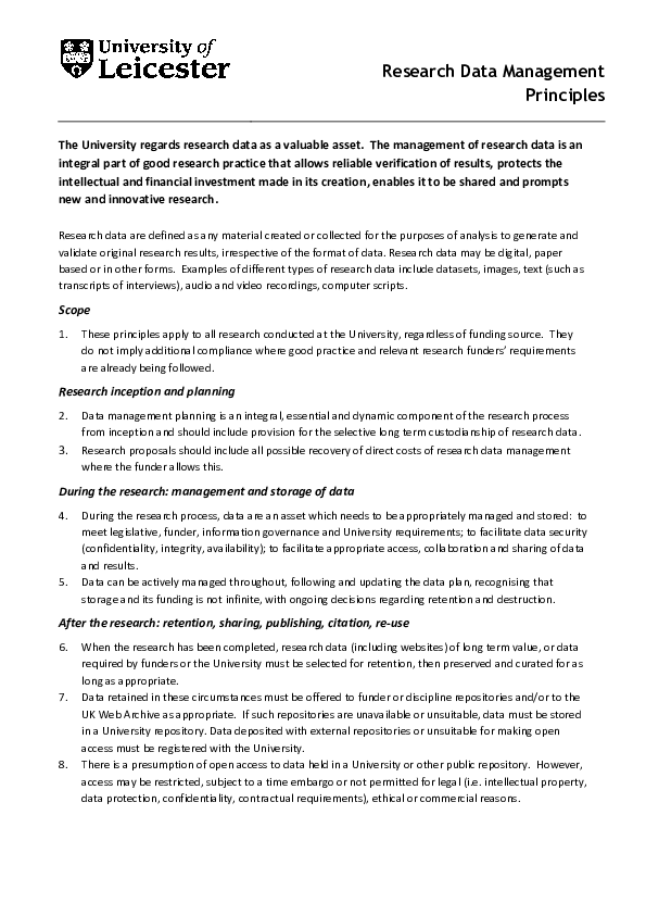 (PDF) University of Leicester Research Data Management Principles